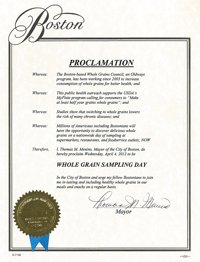 Boston Mayor Proclaims WG Sampling Day | The Whole Grains Council